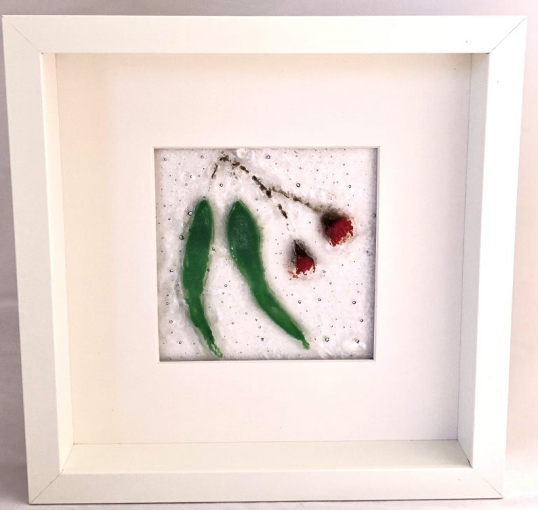 Glass Bas Relief – Gum leaves with two flowers – Lynns Glass Studio